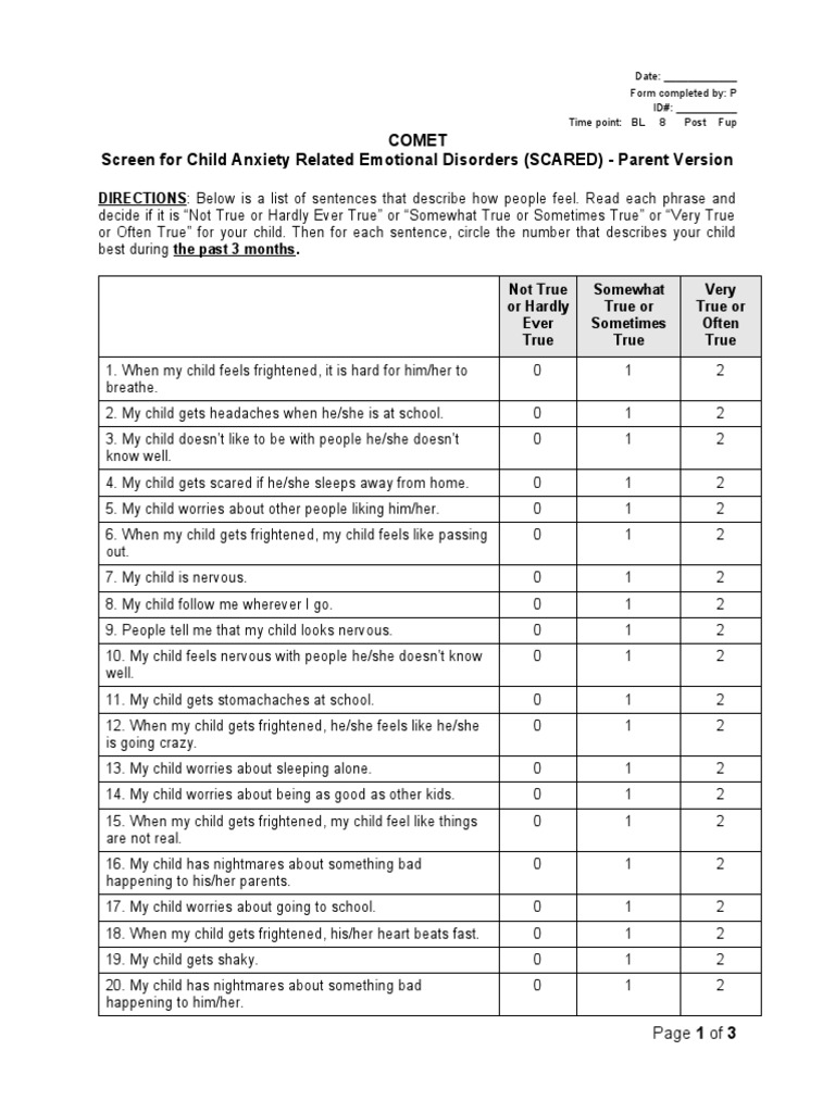 SCARED Parent Items Eng | PDF | Anxiety | Emotions