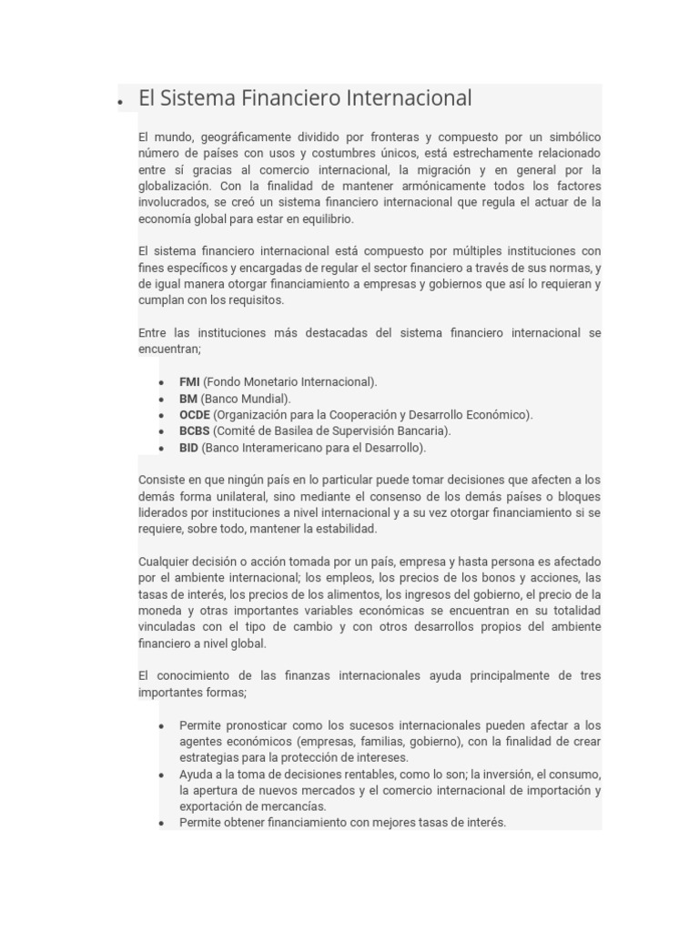 El Sistema Financiero Internacional | PDF | Estándar dorado | Bancos ...