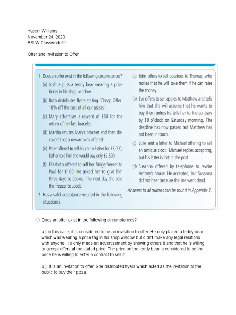 Yaseni Williams - Offer and Invitation To Offer Classwork #1 | PDF | Law