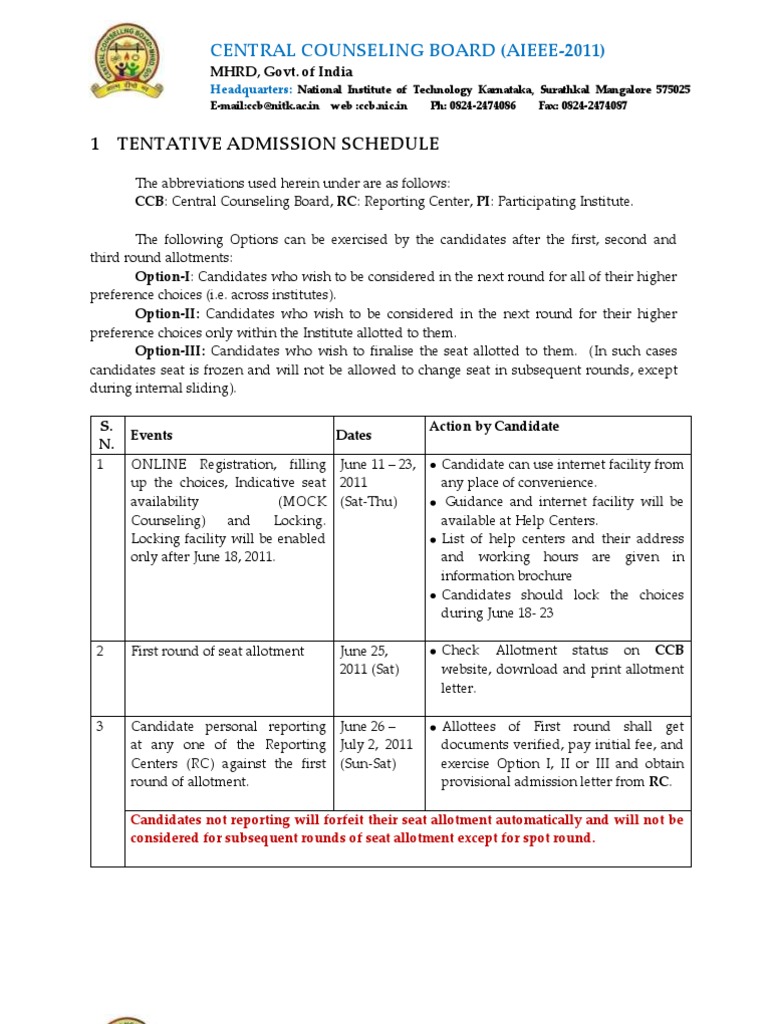 1 Tentative Admission Schedule: Central Counseling Board (Aieee-2011) | PDF | Government | Business