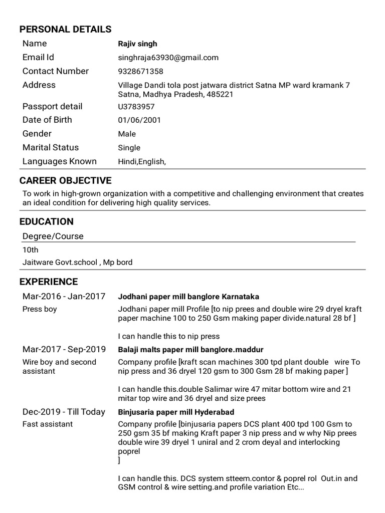 Resume - Rajiv Singh - Format4 | PDF | Papermaking | Printing Materials