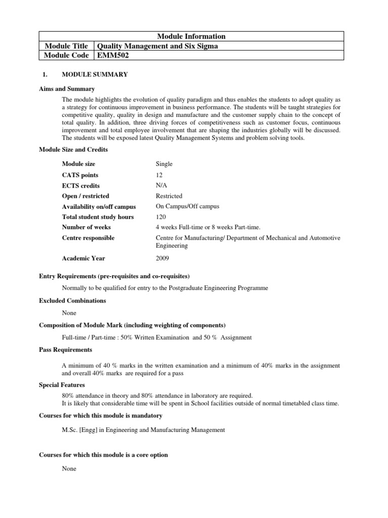 Quality Management and Six Sigma Module | PDF | Quality Assurance ...