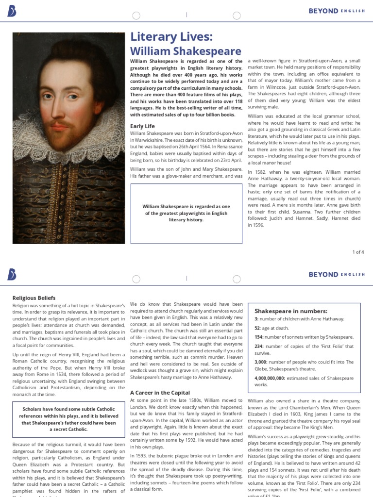 William Shakespeare Reading Comprehension | PDF | William Shakespeare | Theatre
