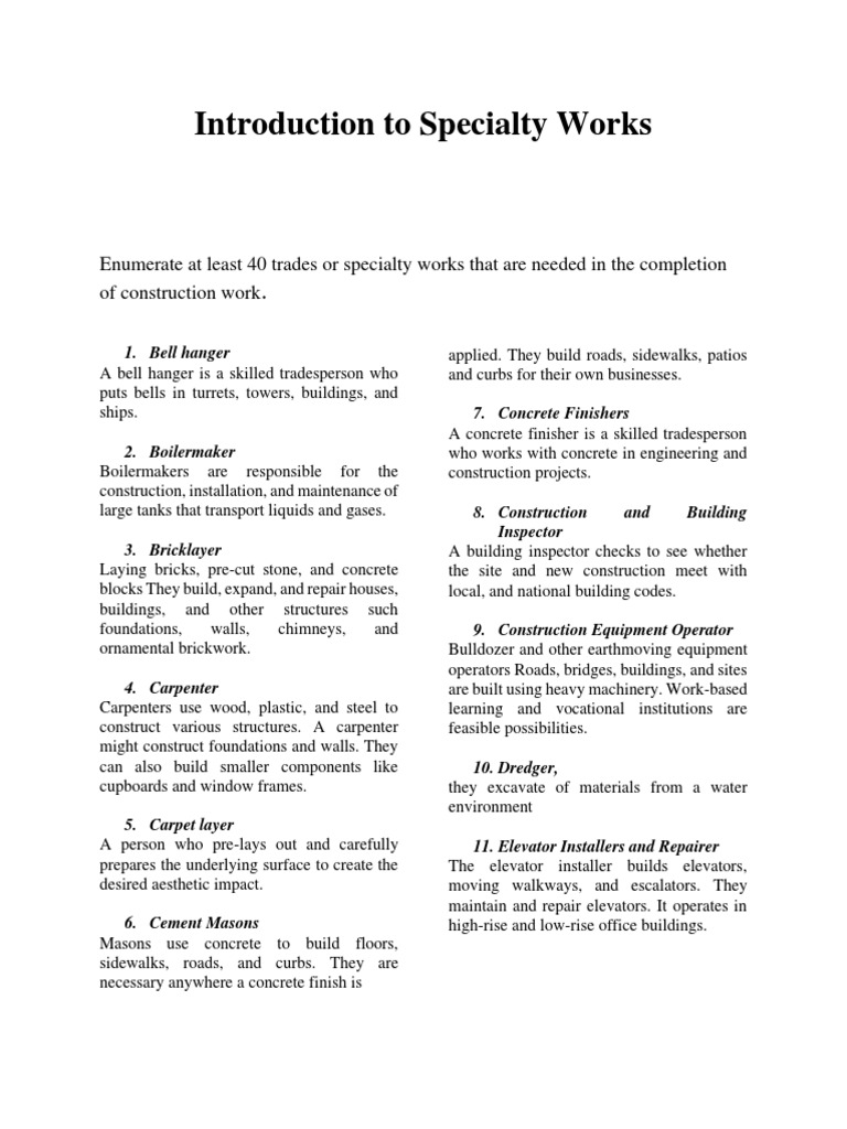 Introduction To Specialty Works | PDF | Tile | Concrete