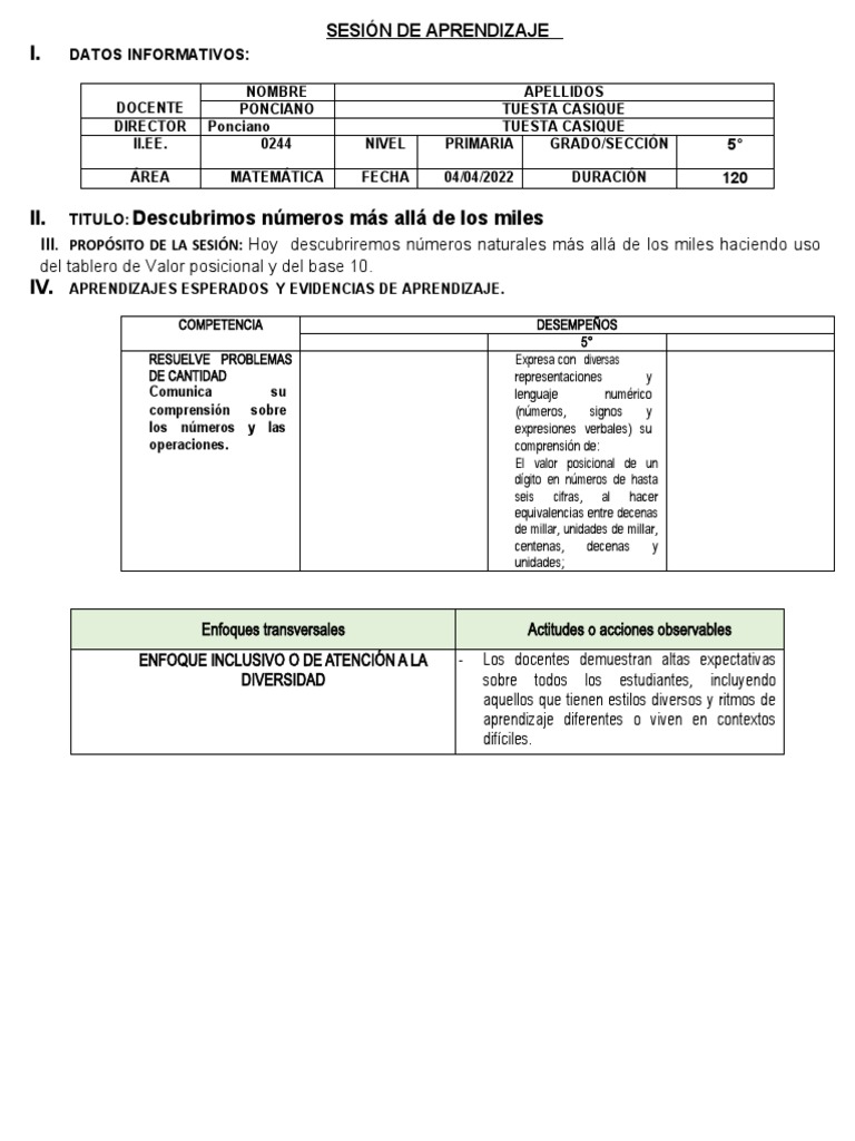 Sesión Lunes 04 de Abril Representa Numeros en Tvp | PDF | Aprendizaje | Decimal