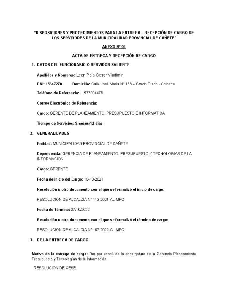 Entrega de Cargo Cesar Leon | PDF | Presupuesto | Contabilidad