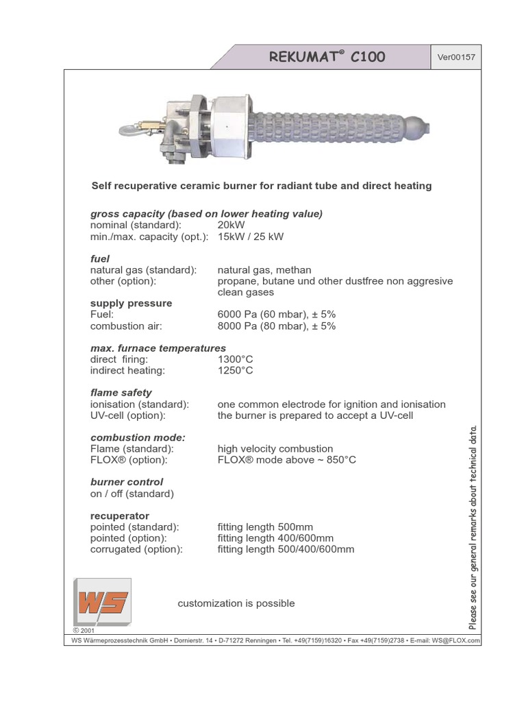 Rekumat C100: Self Recuperative Ceramic Burner For Radiant Tube and ...