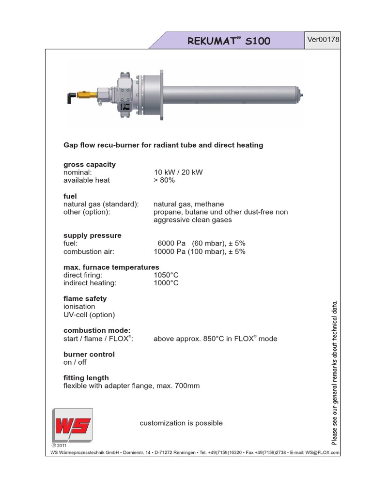 Rekumat S100: Gap Flow Recu-Burner For Radiant Tube and Direct Heating Gross Capacity | PDF ...