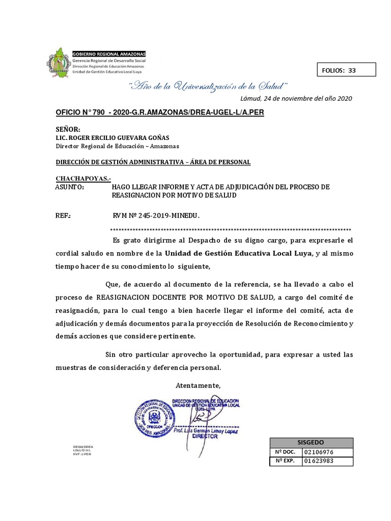 Oficio Proceso de Reasignacion Por Salud | PDF | Ciencias de la Salud