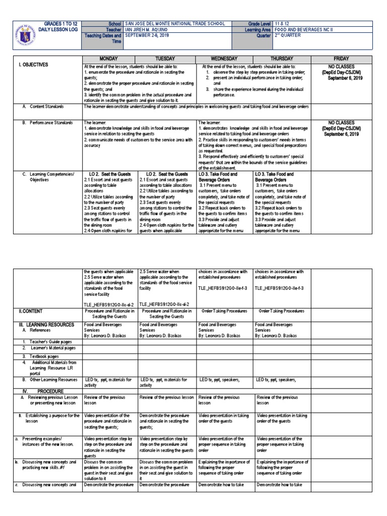 DLL FBS Sep 2-6 | PDF | Learning | Tableware