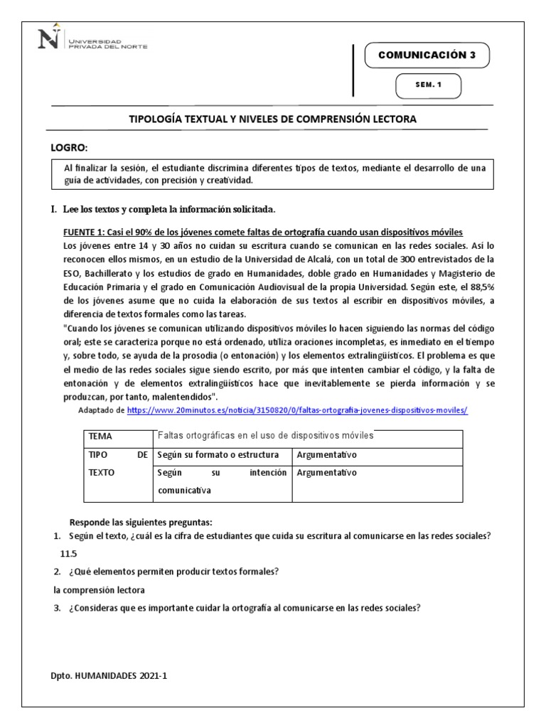GUÍA 1 - Tipología Textual y Niveles de Comprensión Lectora | PDF | Comprensión lectora ...
