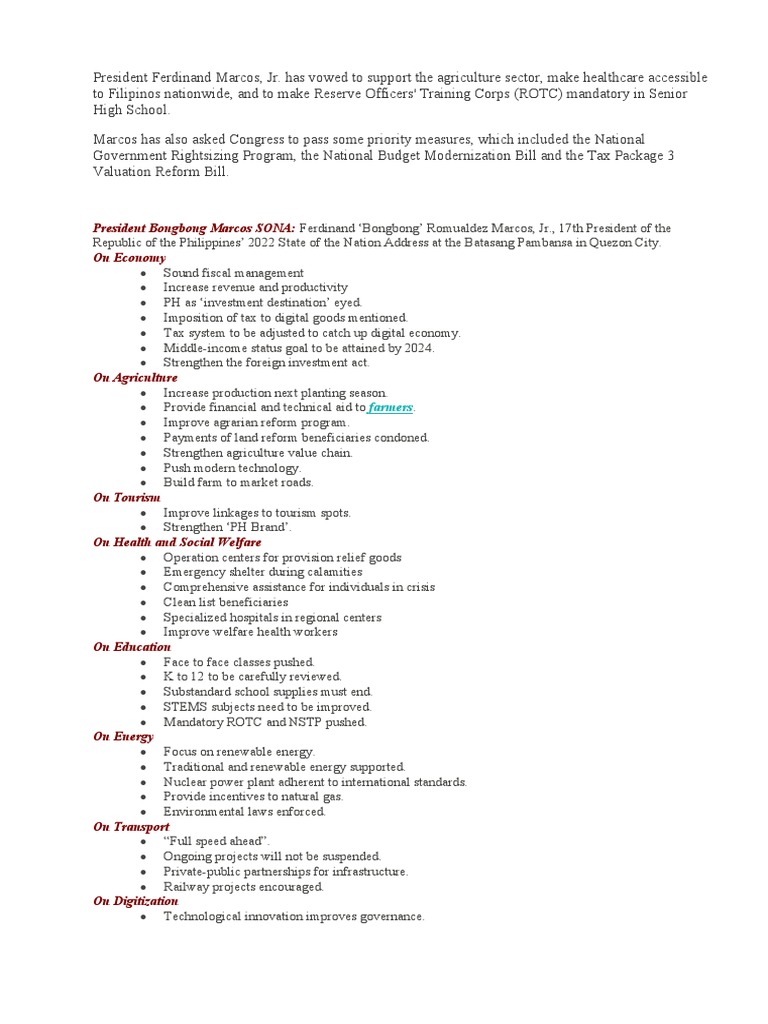 Marcos' 2022 SONA: Key Priorities Outlined | PDF | Taxes | Government ...