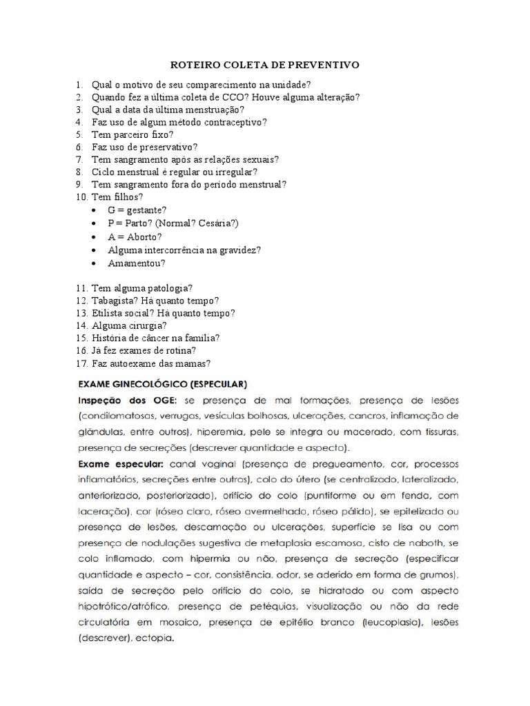 Roteiro de Coleta para Exame Preventivo | PDF | Bem-estar
