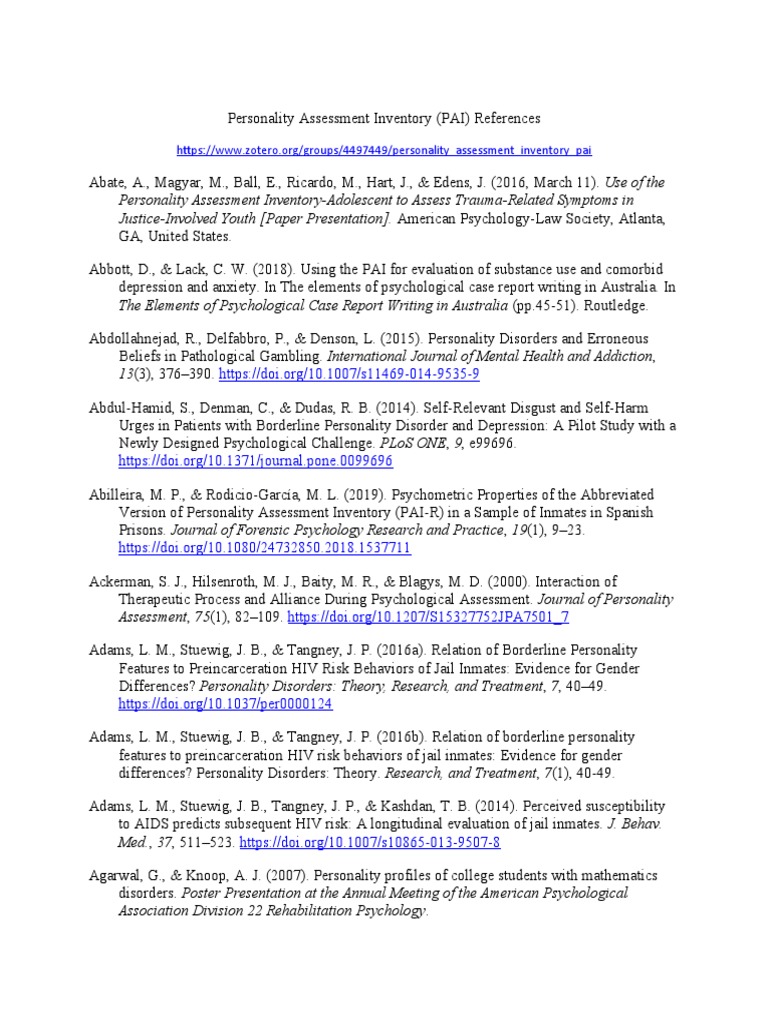Personality Assessment Inventory (PAI) References | PDF | Psychopathy ... Personality Assessment Inventory (PAI) References | PDF | Psychopathy ...
