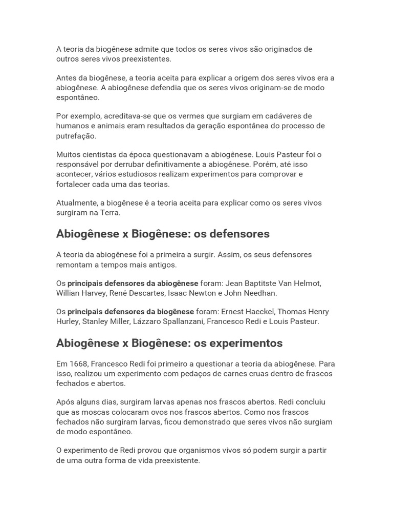 A Teoria Da Biogênese Admite Que Todos Os Seres Vivos São Originados de ...