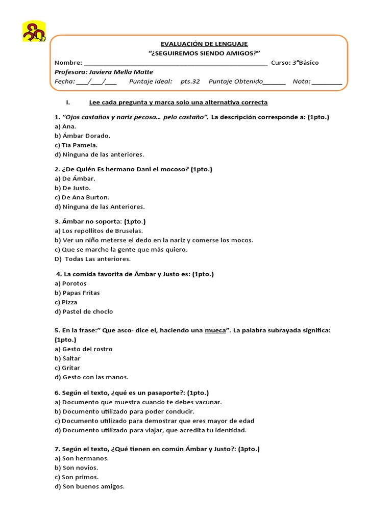 Prueba Seguiremos Siendo Amigos | PDF | Artes del Lenguaje y ...