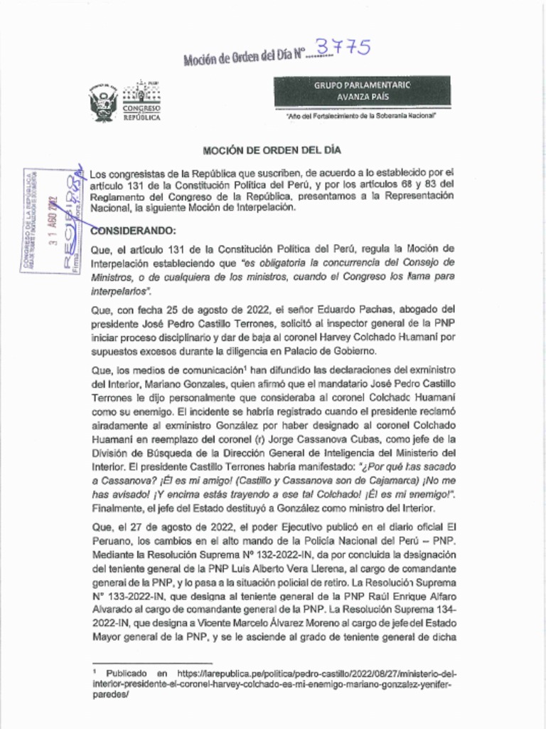 Moción De Interpelación Presentada Contra El Ministro Del Interior Pdf 7226