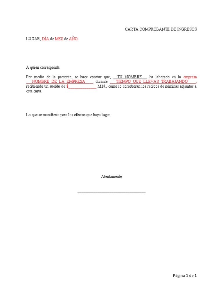 Carta Comprobante de Ingresos | PDF