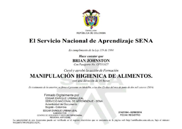 Certificado Manipulacion Alimentos 2014 | PDF Certificado Manipulacion Alimentos 2014 | PDF