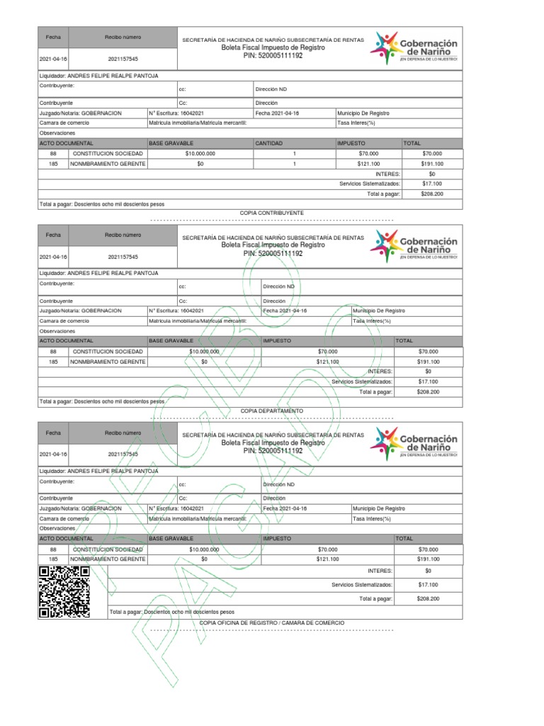Boleta Fiscal Impuesto de Registro PIN: 52000511119 | PDF | Impuestos ...