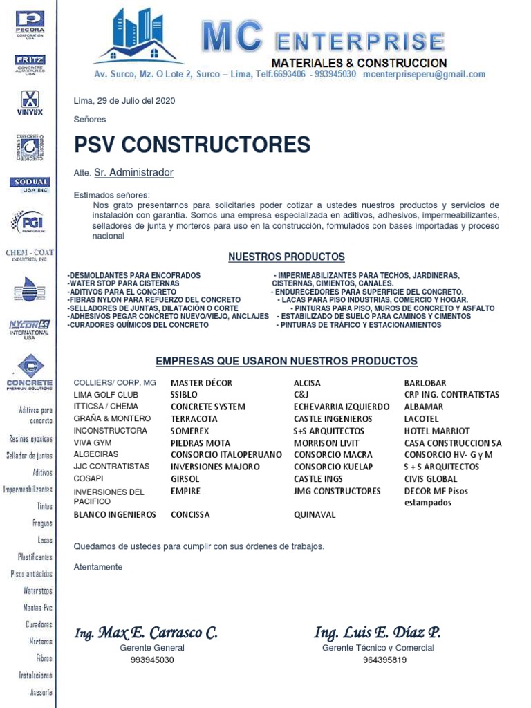 Carta de Presentacion de MC Enterprise para PSV Constructores | PDF