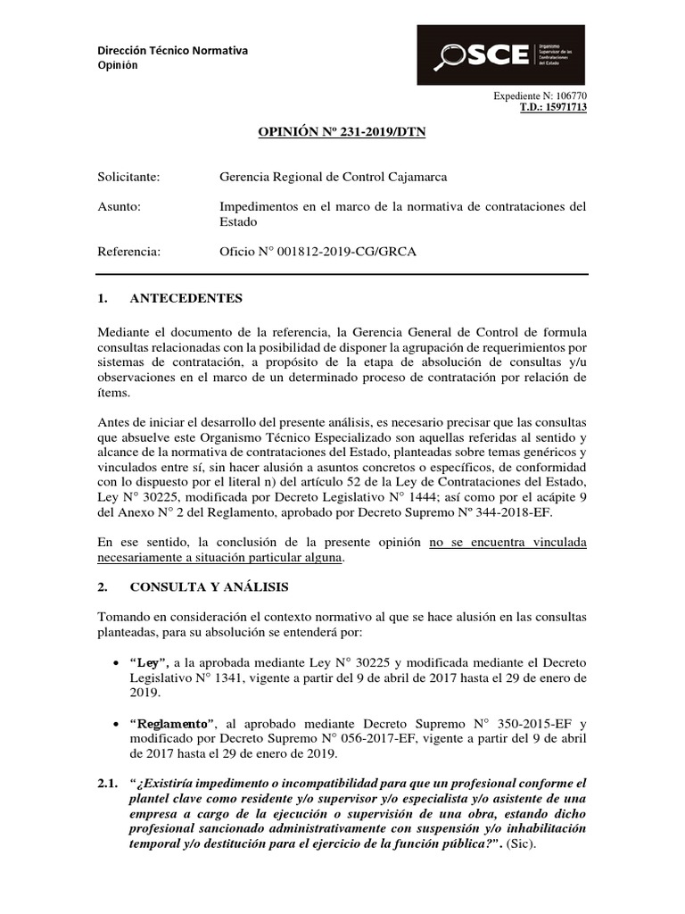 Opinión #231-2019 - OSCE - DTN - Impedimentos | PDF | Regulación | Gobierno