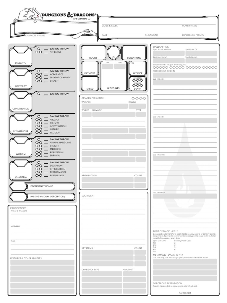 Character Sheet Template for 5th Edition Dungeons & Dragons Sorcerer ...