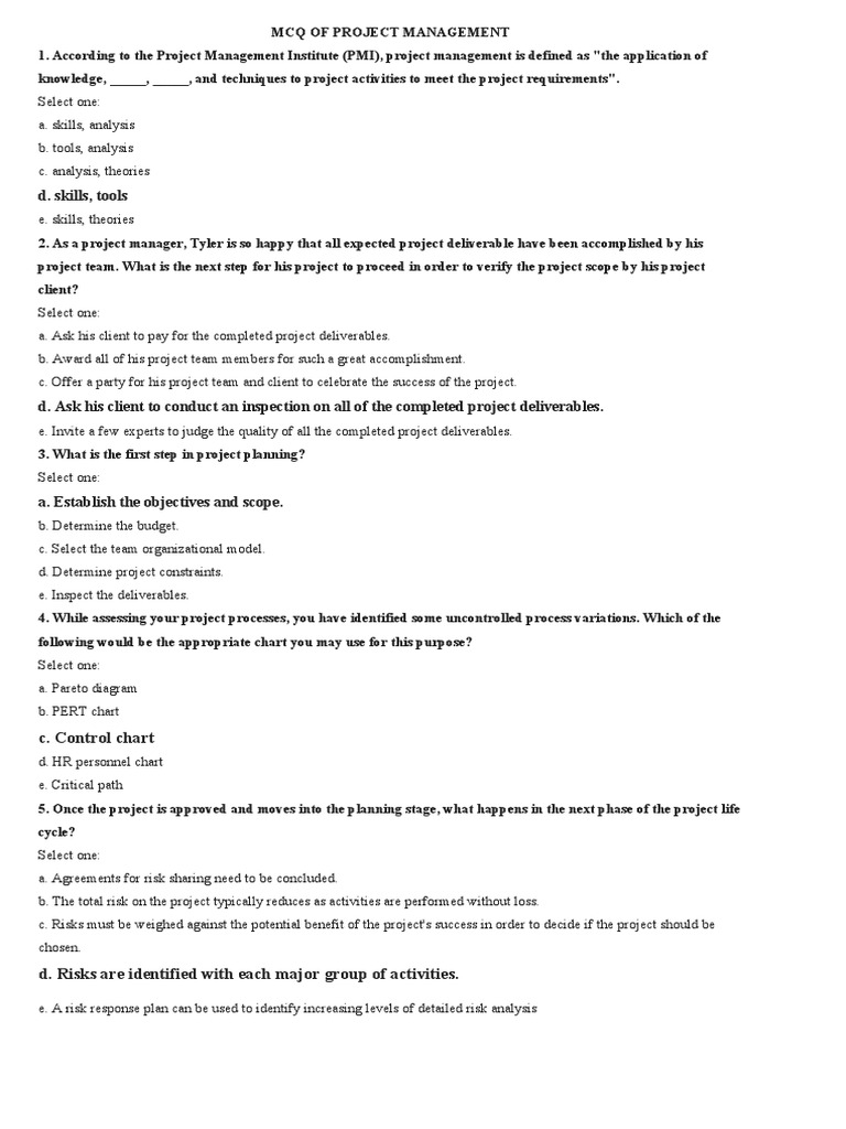 MCQ of Project Management Part 1 1 | PDF | Project Management | Risk
