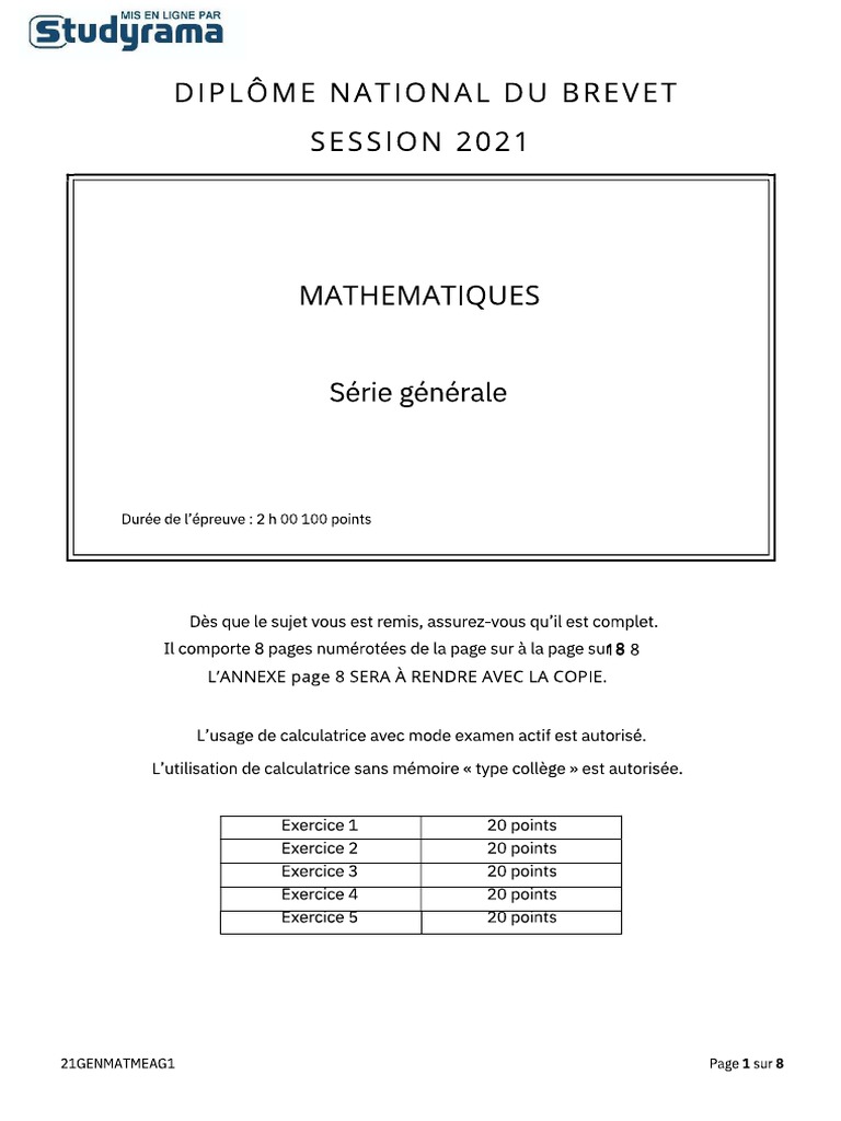 DNB Maths 2021 Sujet | PDF