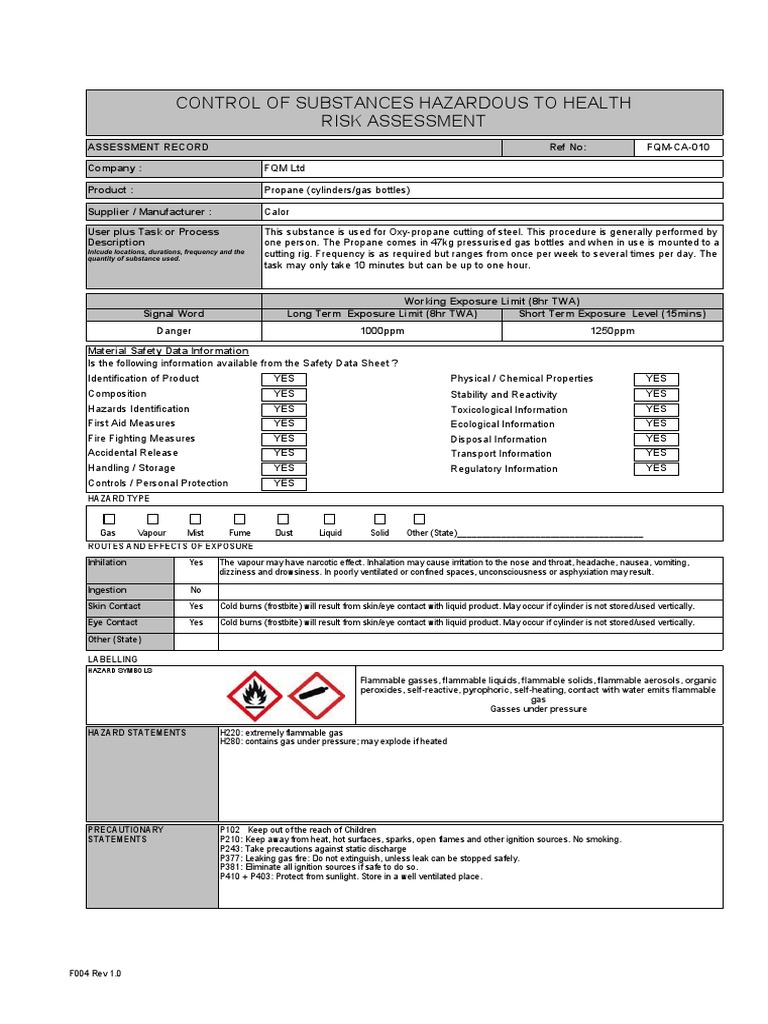 Propane COSHH Assessment | PDF | Combustion | Burn