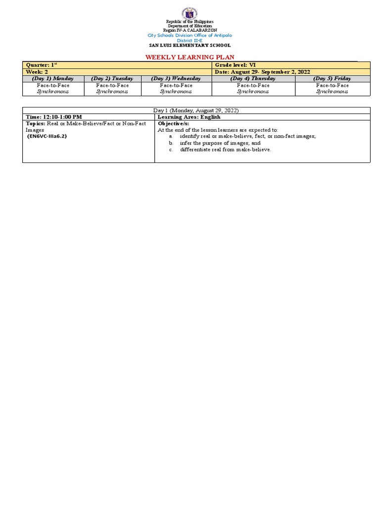 English WLP Week 2 | PDF | Learning