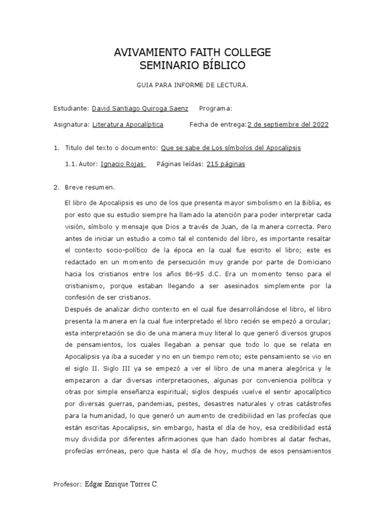 Quiroga David - Informe de Lectura Apocalipsis | PDF | Libro de revelación