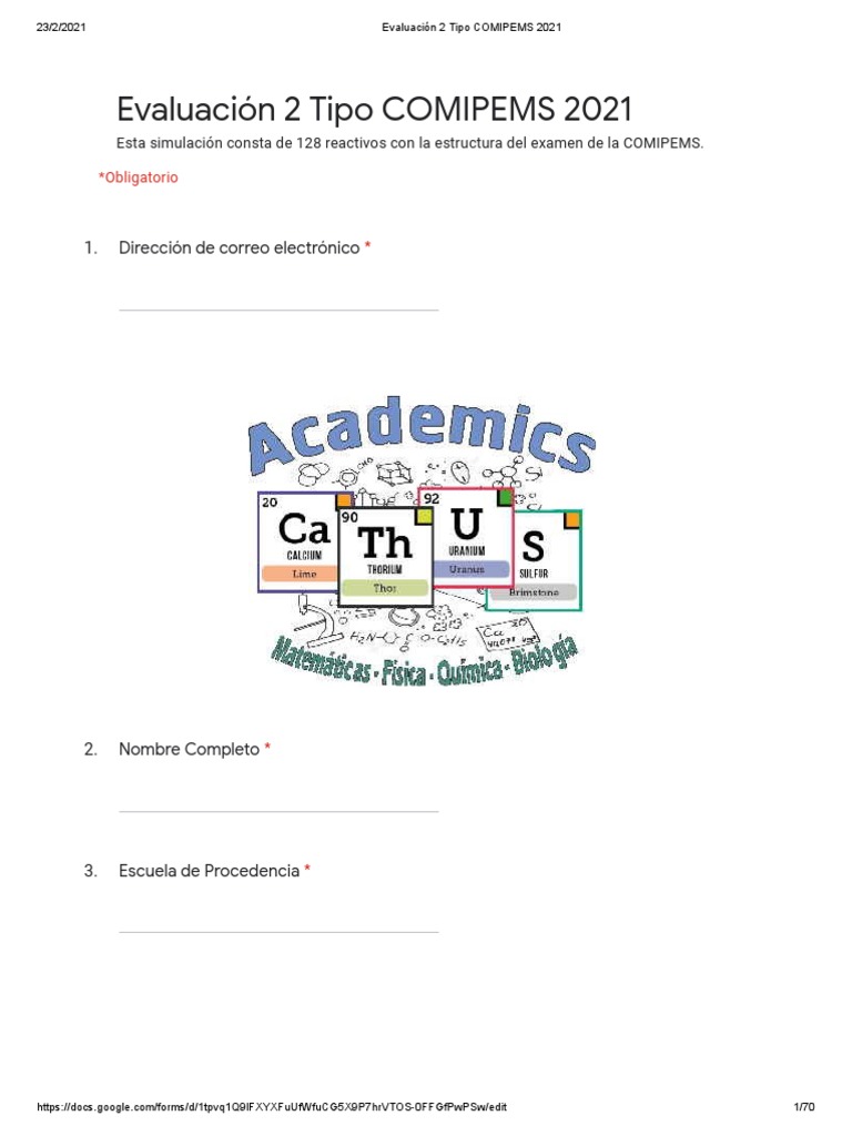 Evaluación 2 Tipo COMIPEMS - Formularios de Google | PDF | México | España