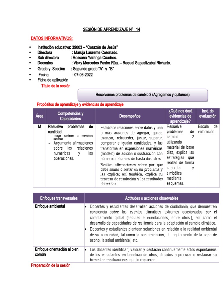 Sesión de Aprendizaje #14-Mat | PDF | Aprendizaje | Sustracción