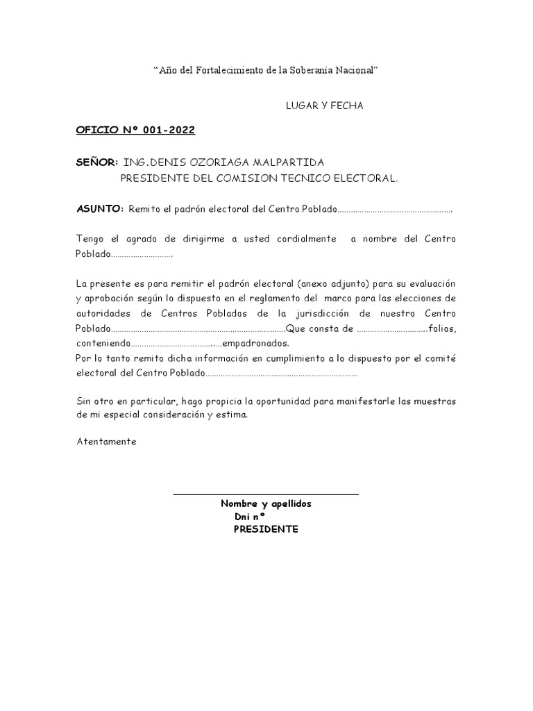 OFICIO Electoral PARA REMITIR EL PADRON ELECTORAL | PDF