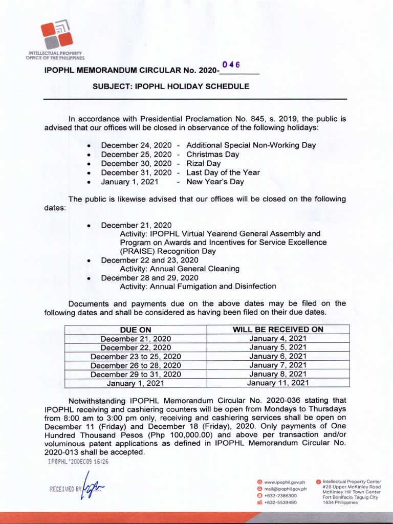 IPOPHL Holiday Schedule 2020-2021 | PDF | Intellectual Property Law ...