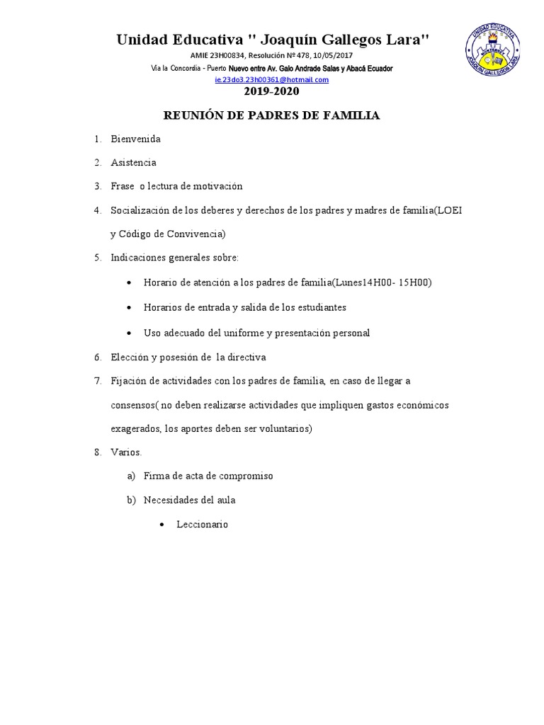 02 Orden Del Dia Reunión de Padres de Familia | PDF