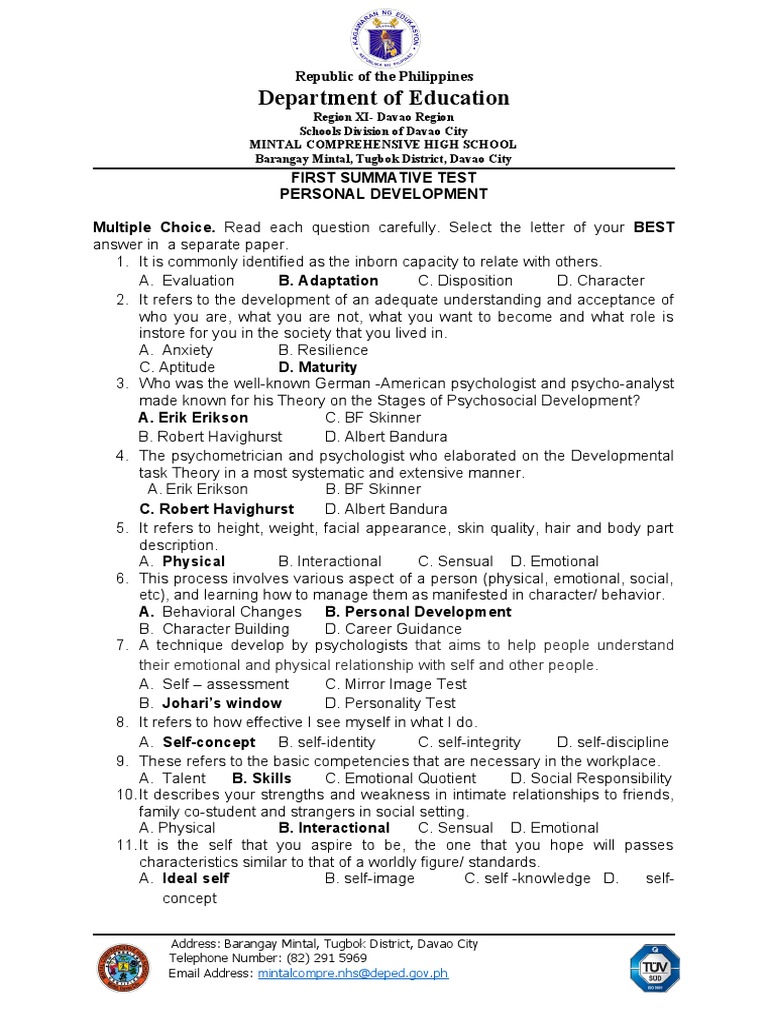 Personal Development 1st Summative Test | PDF | Self Concept | Psychology