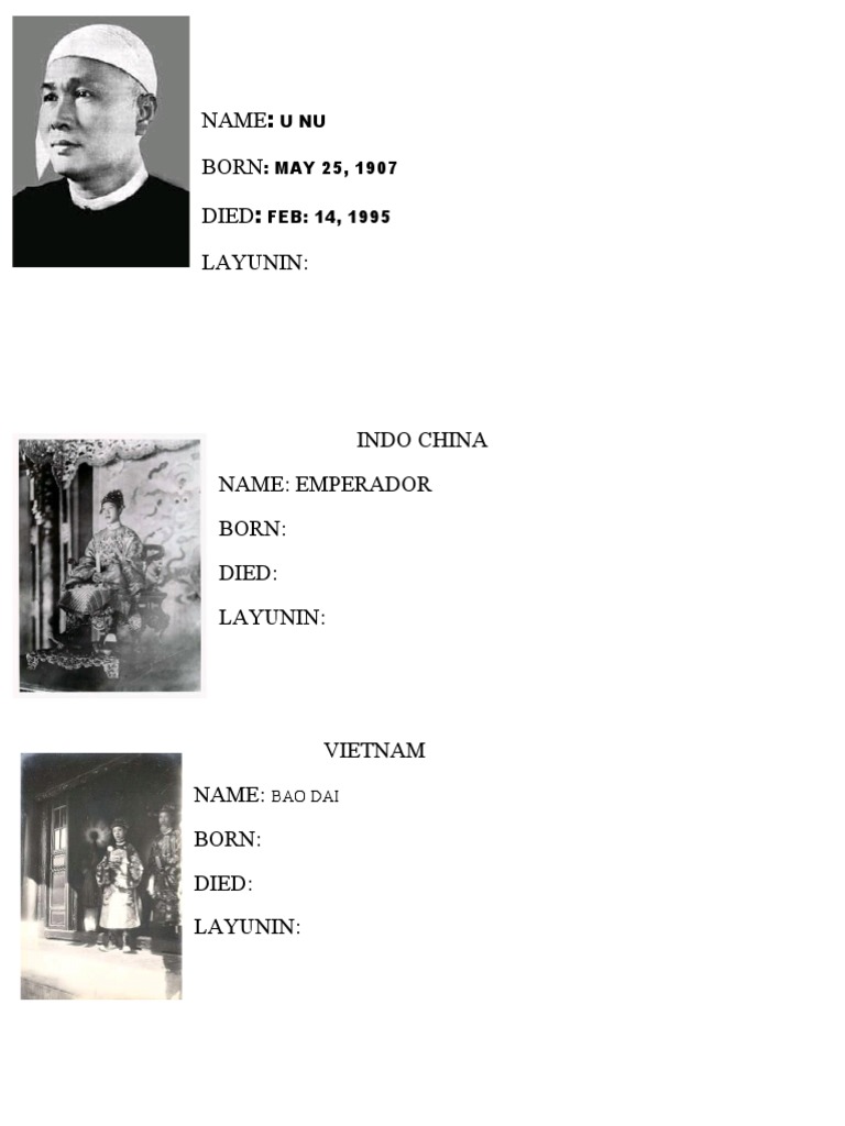 Name: Born Died: Layunin:: UNU: MAY 25, 1907 FEB: 14, 1995 | PDF | Politics