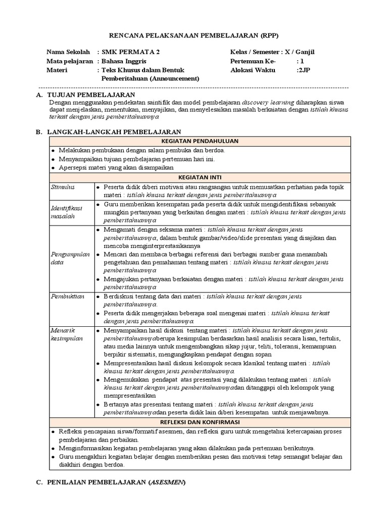 RPP 5 - Teks Khusus Dalam Bentuk Pemberitahuan (Announcement) | PDF