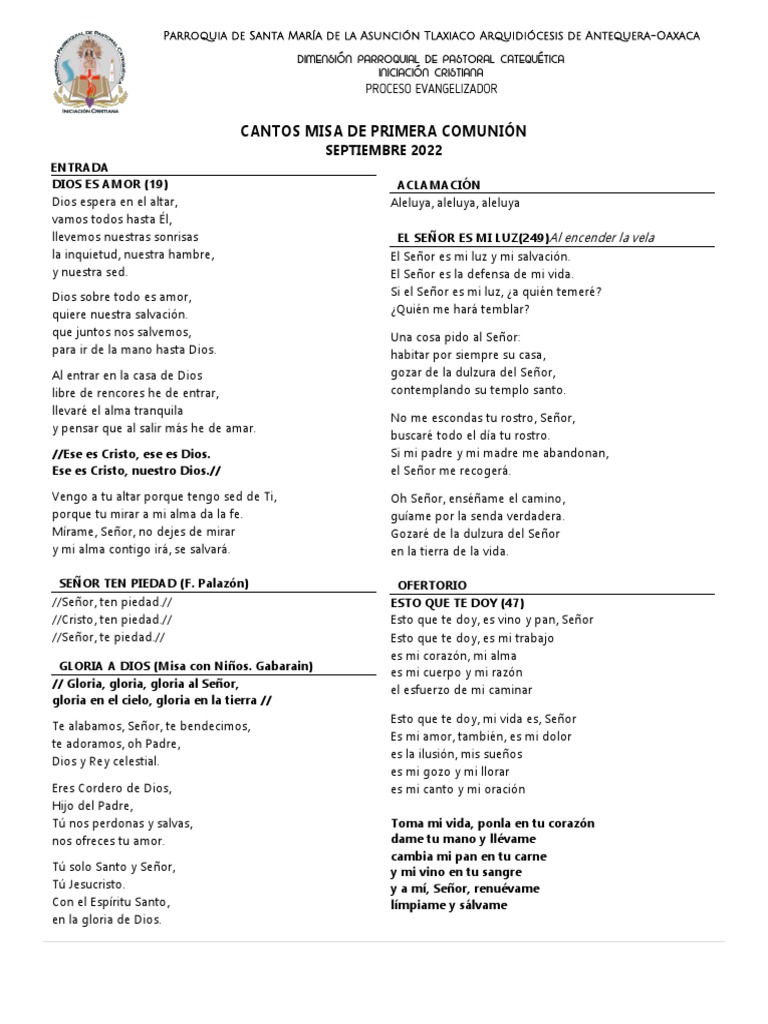 Canciones para la Primera Comunión en la Parroquia de Santa María de la Asunción | PDF | Misa ...