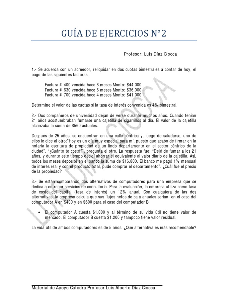 Guía de Ejercicios N°2: Profesor: Luis Díaz Ciocca | PDF