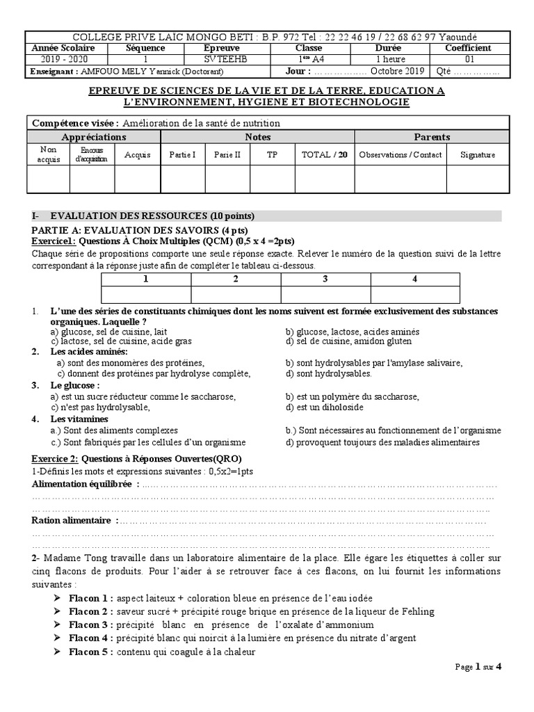 Évaluation Nutritionnelle au Collège Mongo Beti | PDF | Glucose | Nutrition
