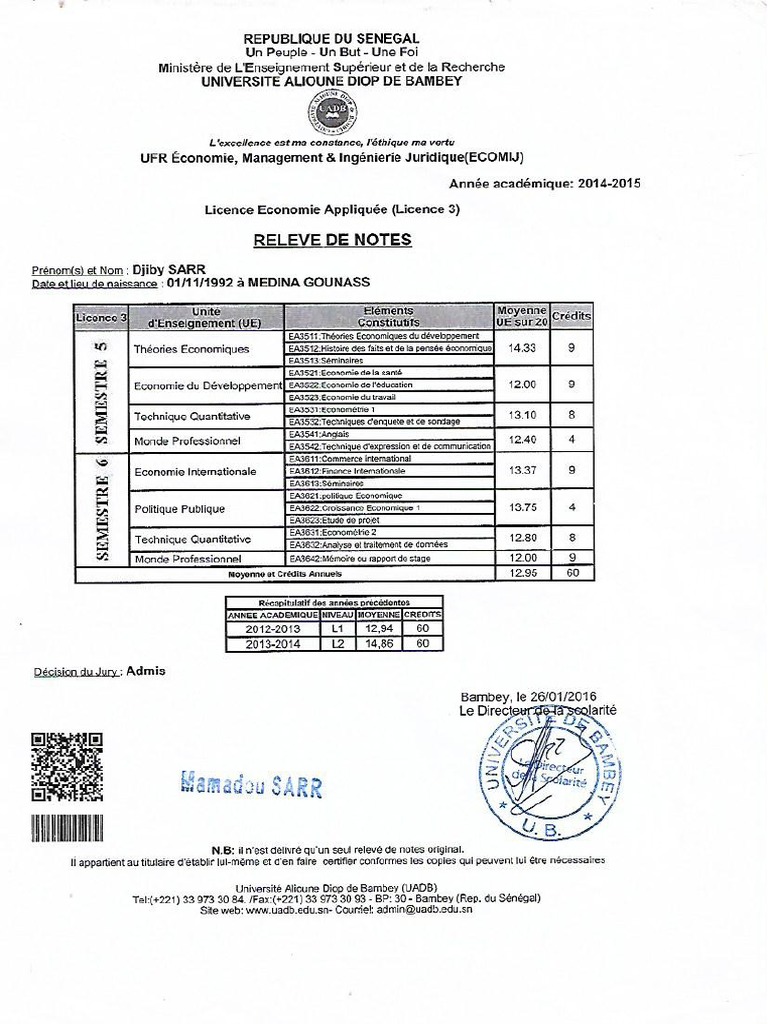 Relevé de Note Licence3 | PDF