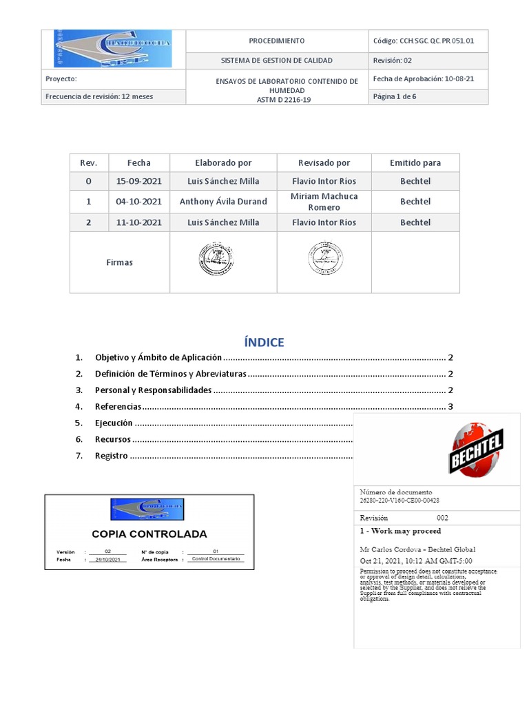 CCH - SGC.QC - PR.051.01 Contenido de Humedad (ASTM D2216) | PDF ...