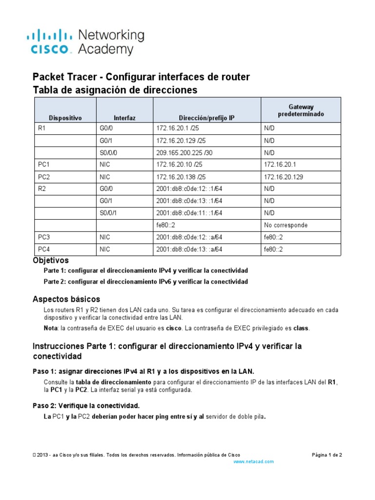 1.4.7 Packet Tracer Configure Router Interfaces Es XL | PDF | Dirección IP | Enrutador (Computación)