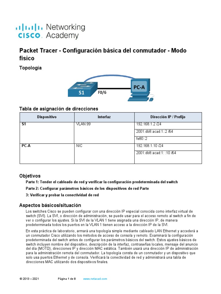 1.1.7 Packet Tracer - Basic Switch Configuration - Physical Mode - Es XL | PDF | Conmutador de ...