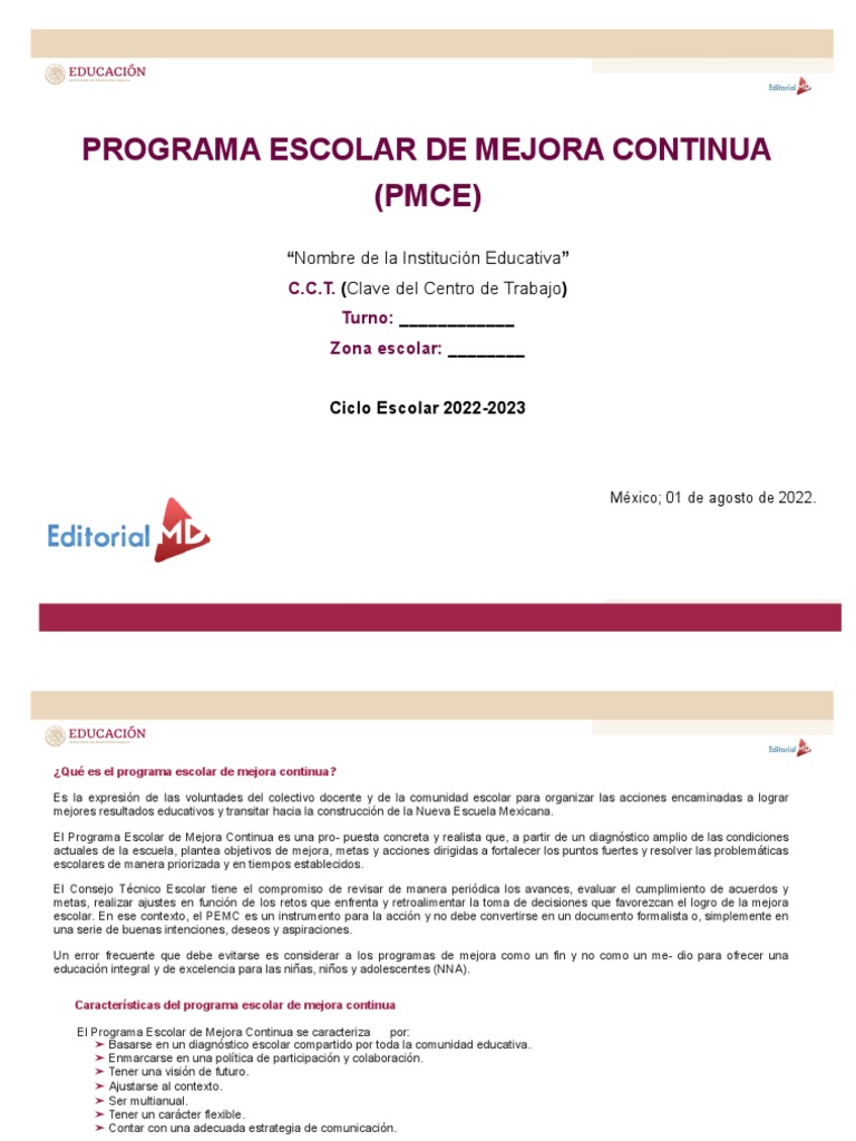Programa Escolar de Mejora Continua (PMCE) | PDF | Método de enseñanza ...