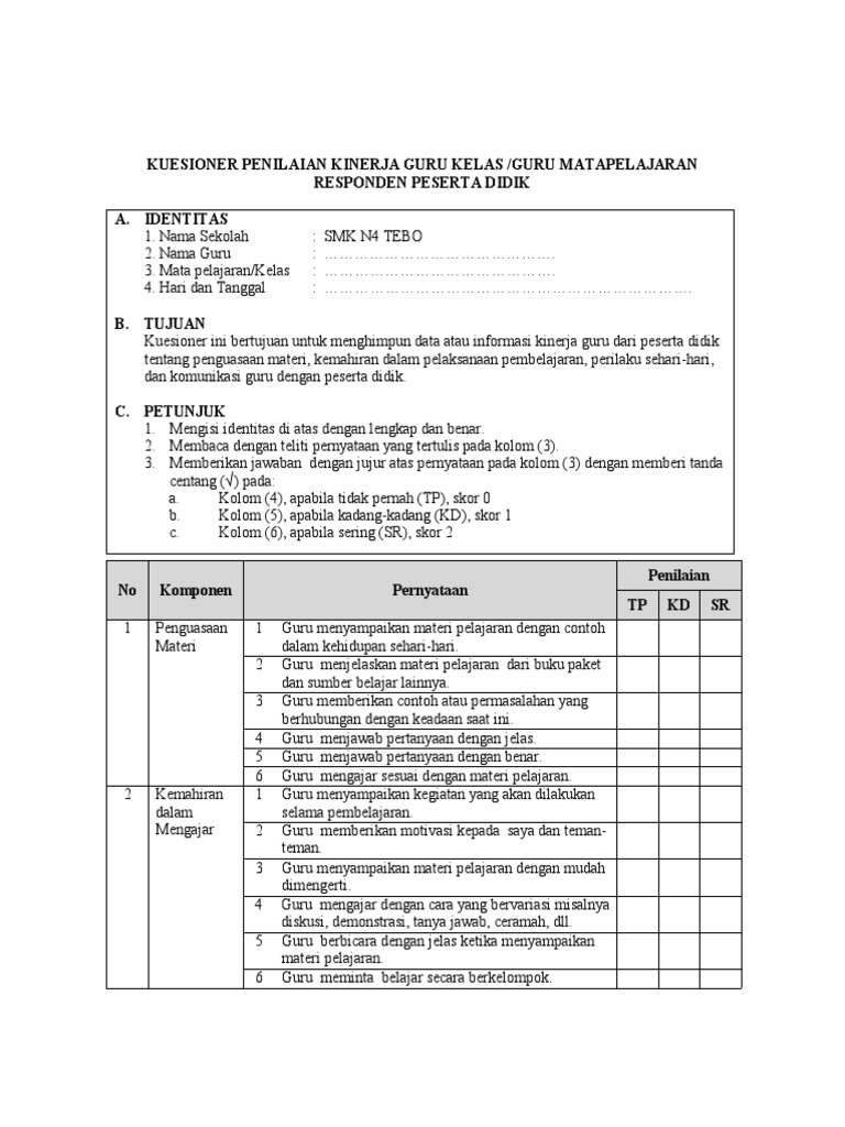 Kuesioner Penilaian Kinerja Guru Kelas - Guru Matapelajaran Responden ...