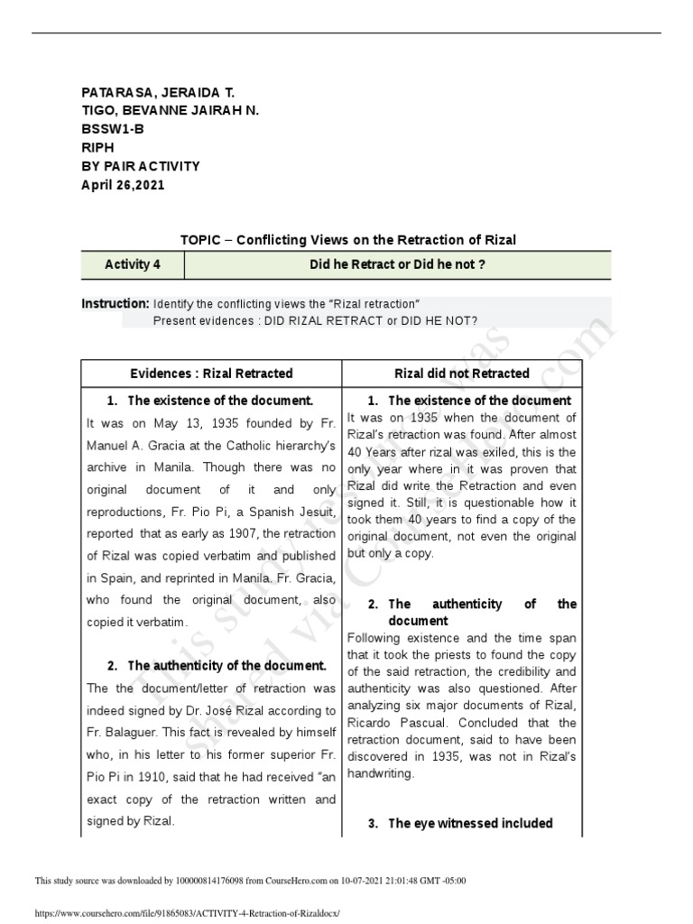 ACTIVITY 4 Retraction of Rizal | PDF